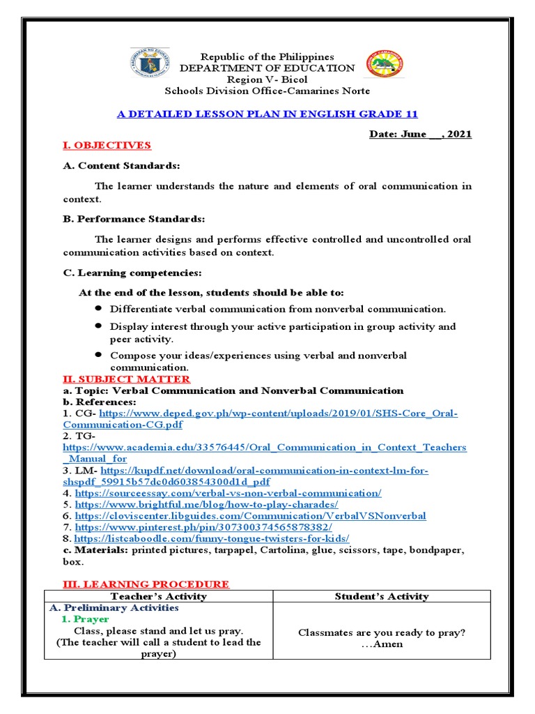 A Detailed Lesson Plan in English Grade 11: I. Objectives | Download ...