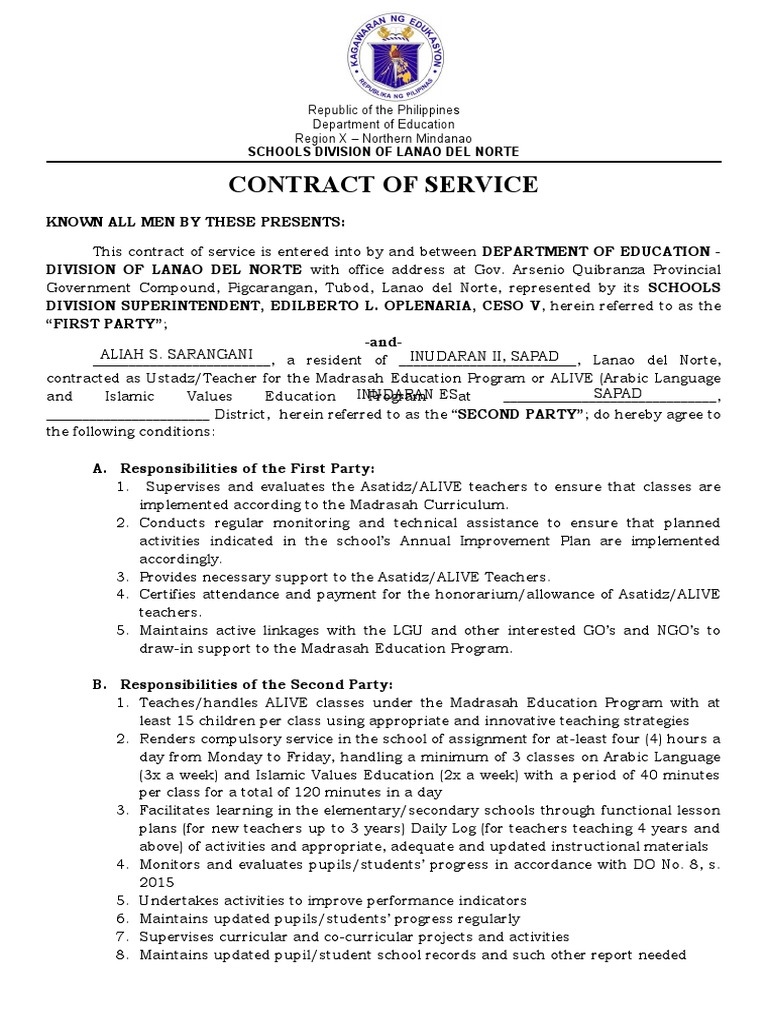 Contract of Service: Schools Division of Lanao Del Norte | PDF ...