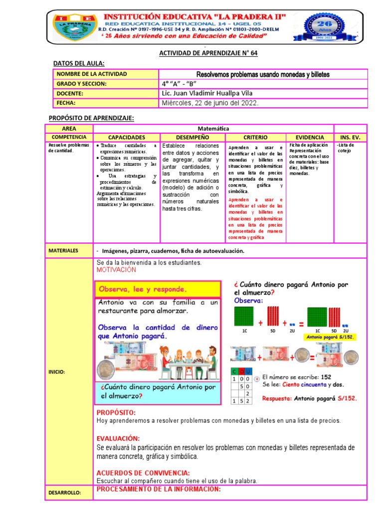 SESIÓN DE APRENDIZAJE #64 4B-Resolvemos Problemas Usando Monedas y ...