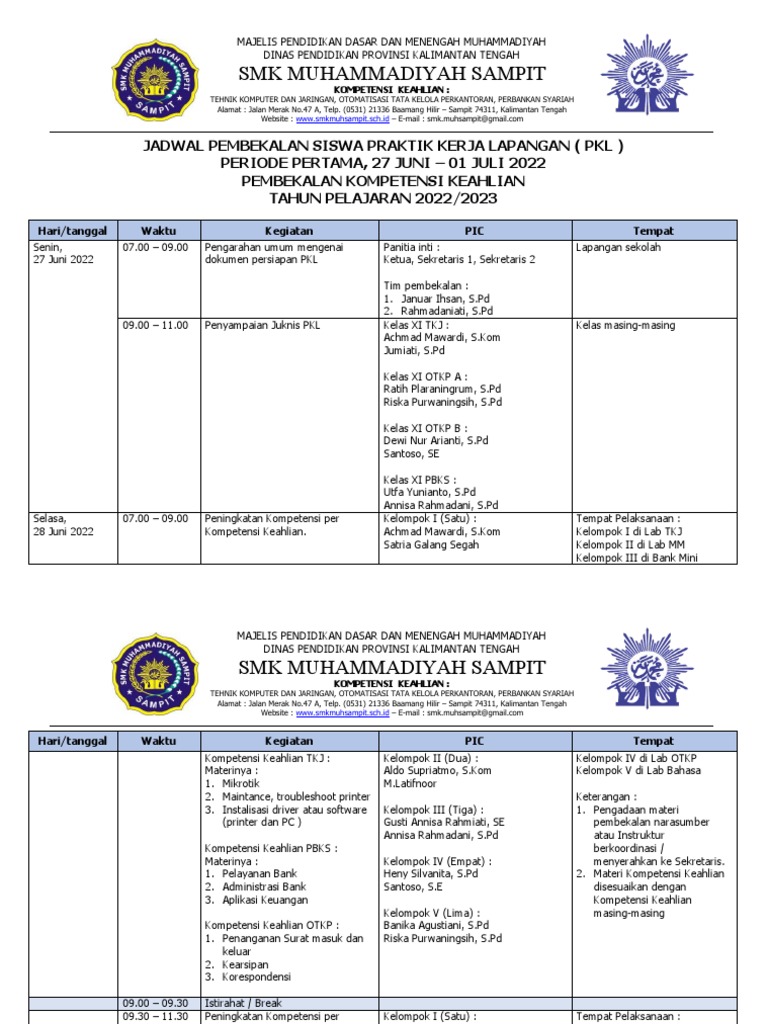 Jadwal Pembekalan PKL 2022-2023 | PDF