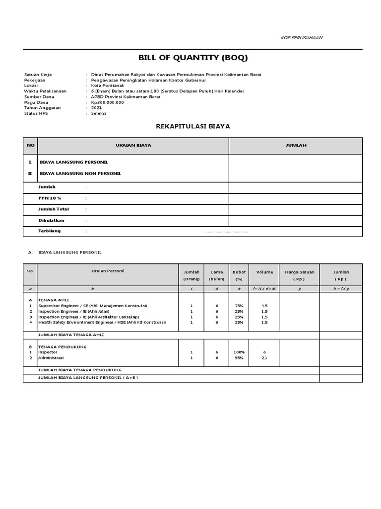 Bill of Quantity (Boq) : Rekapitulasi Biaya | PDF