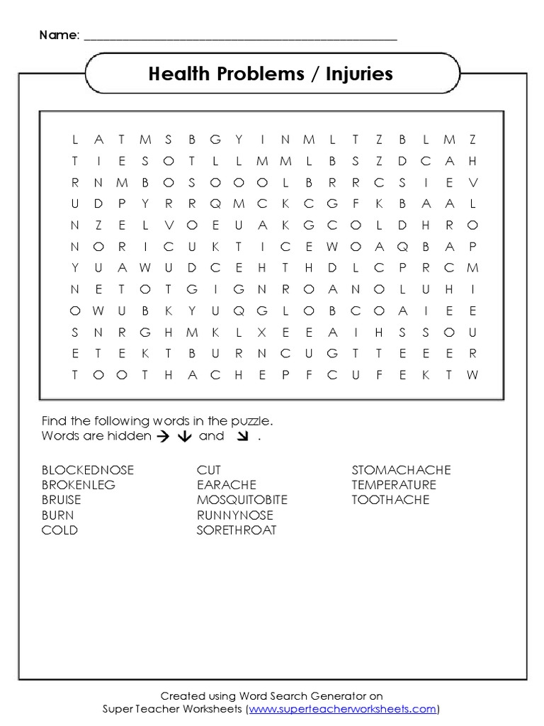 Health - Problems - Injuries WORDSEARCH | PDF | Word Search | Puzzles