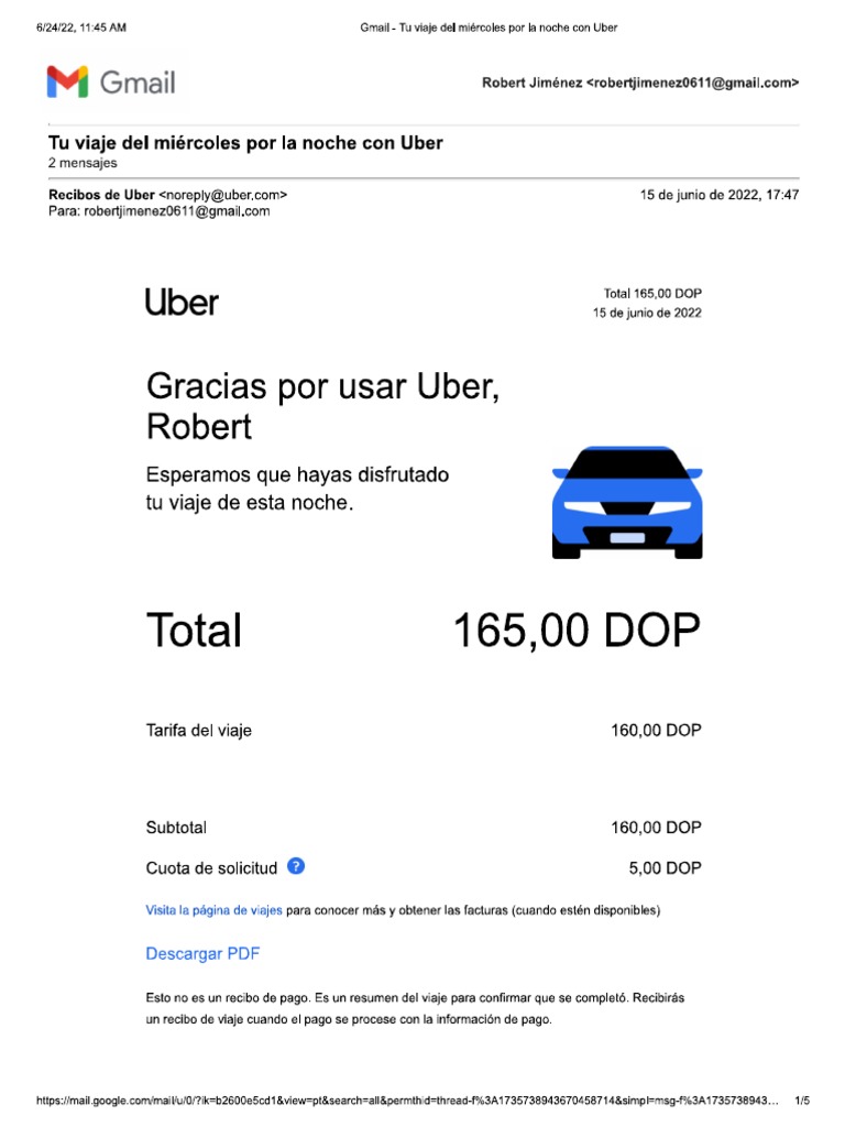 Factura Uber Viaje de Retorno de Vehiculo 15-06-22 | PDF