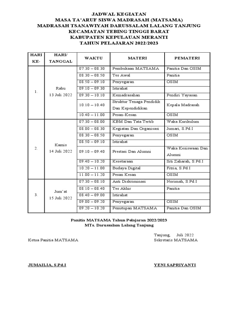 Jadwal Kegiatan Matsama | PDF