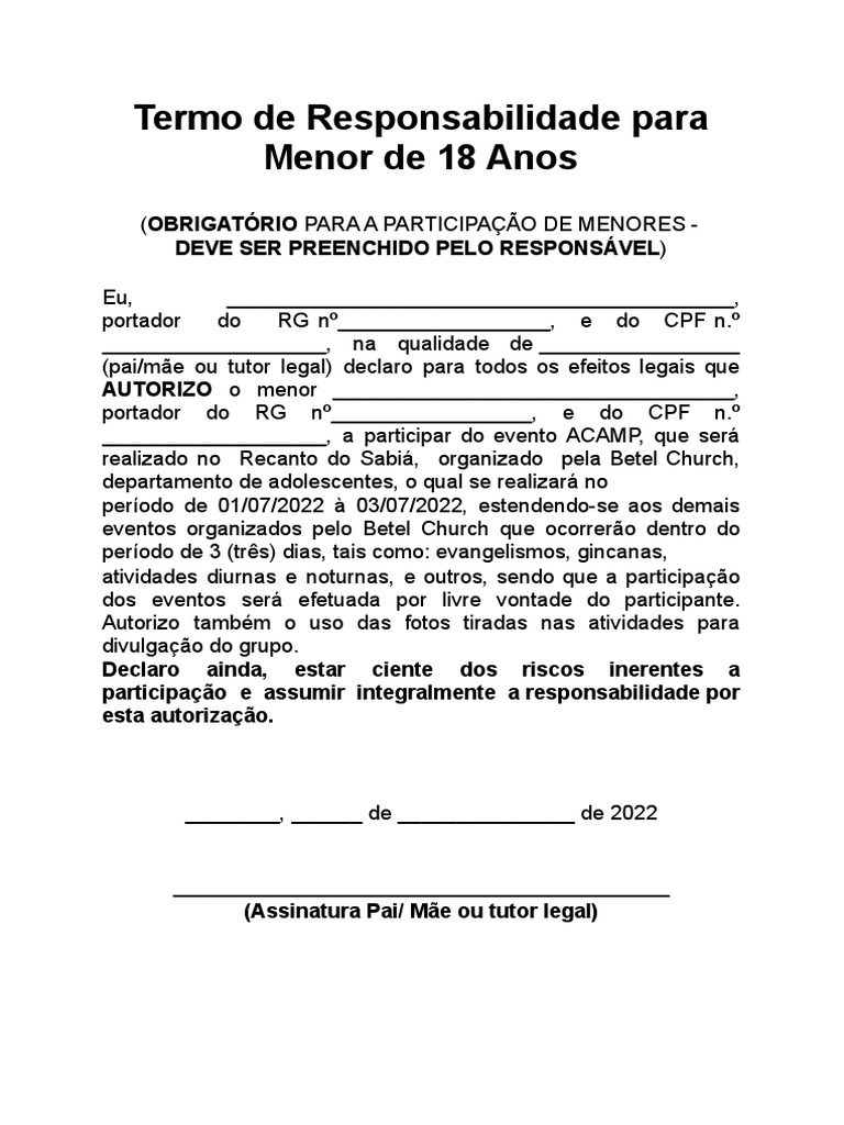 Termo De Responsabilidade Para Acompanhamento De Menor Em Evento