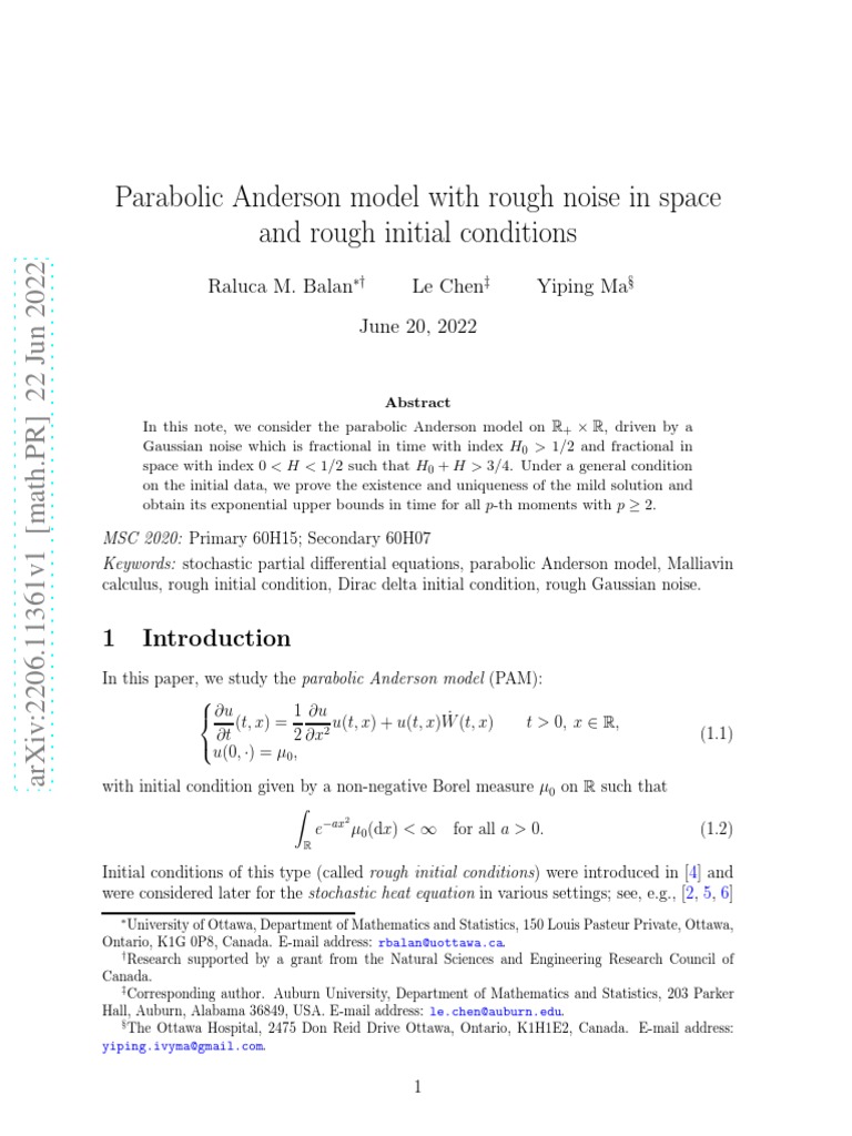 Parabolic Anderson Model With Rough Noise in Space and Rough Initial Conditions | PDF | Integral ...