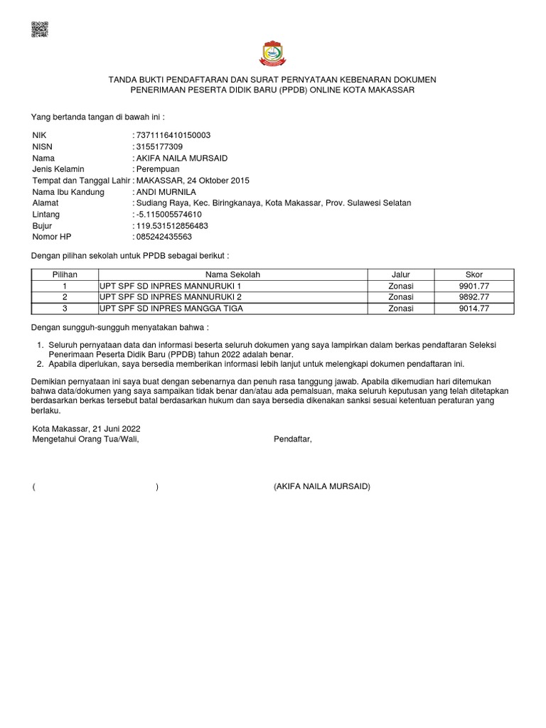 Buktipendaftaran Akifa Naila Mursaid | PDF