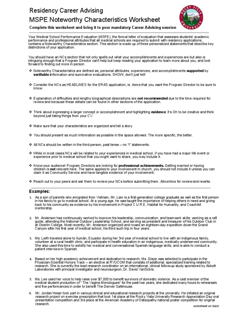 MSPE Noteworthy Characteristics Guide | PDF | Evaluation | Experience
