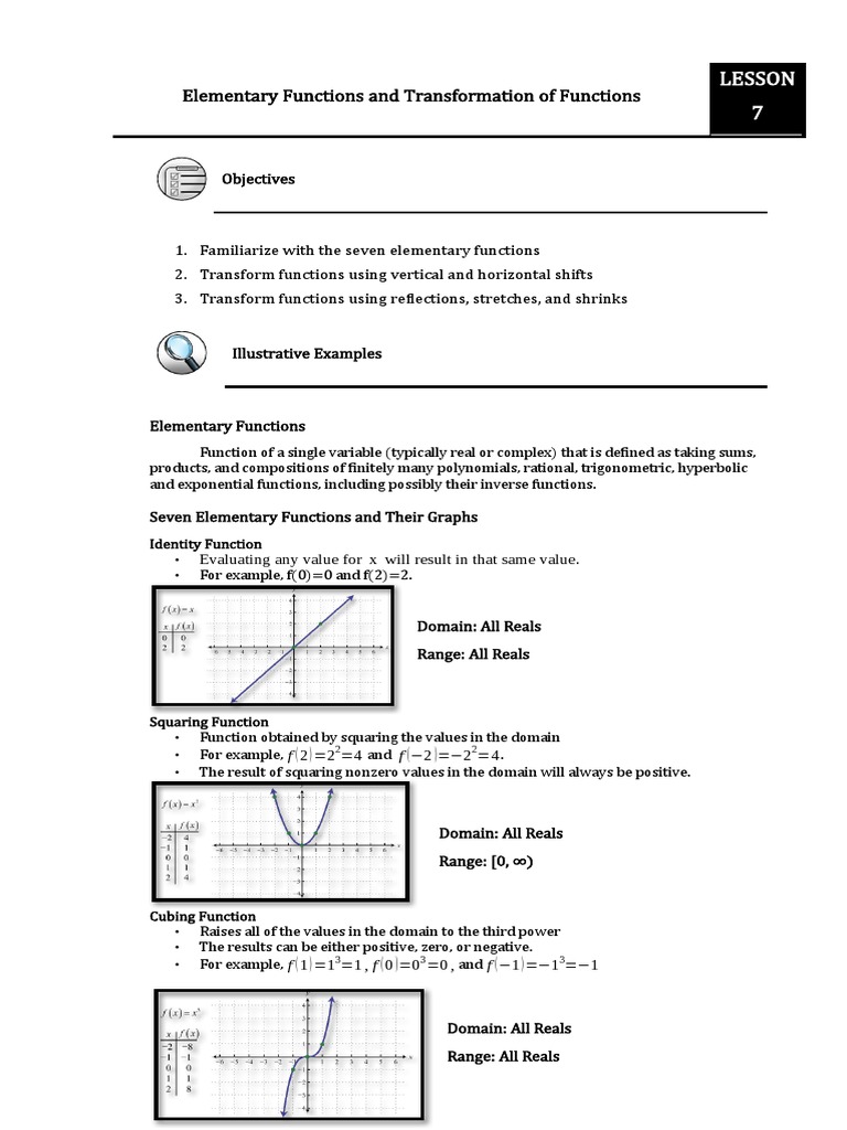 Elementary Functions and Transformation of Functions: Lesson 7 | PDF ...