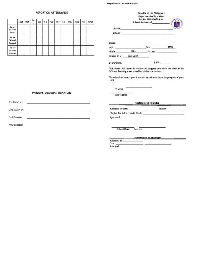 Deped Form 138E Grade 4 6 | PDF
