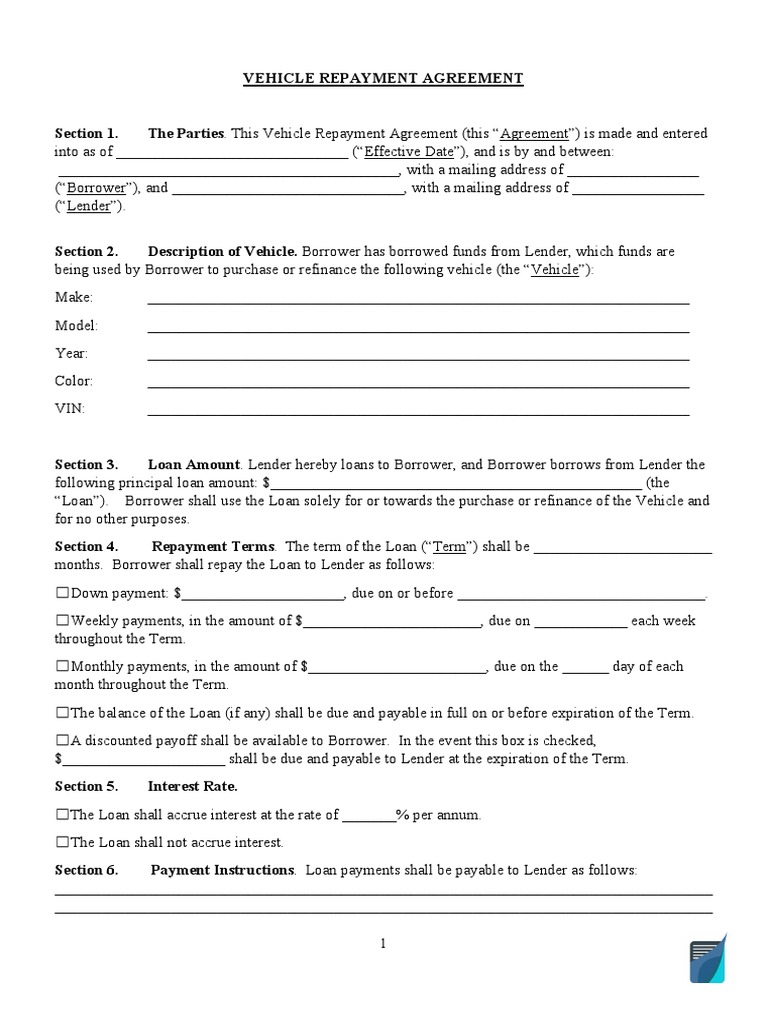 Vehicle Repayment Agreement | PDF | Loans | Refinancing