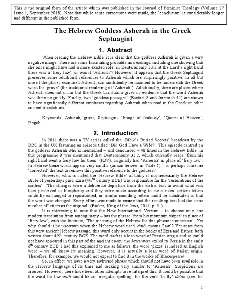 The Hebrew Goddess Asherah in The Greek Septuagint: 1. Abstract | PDF ...