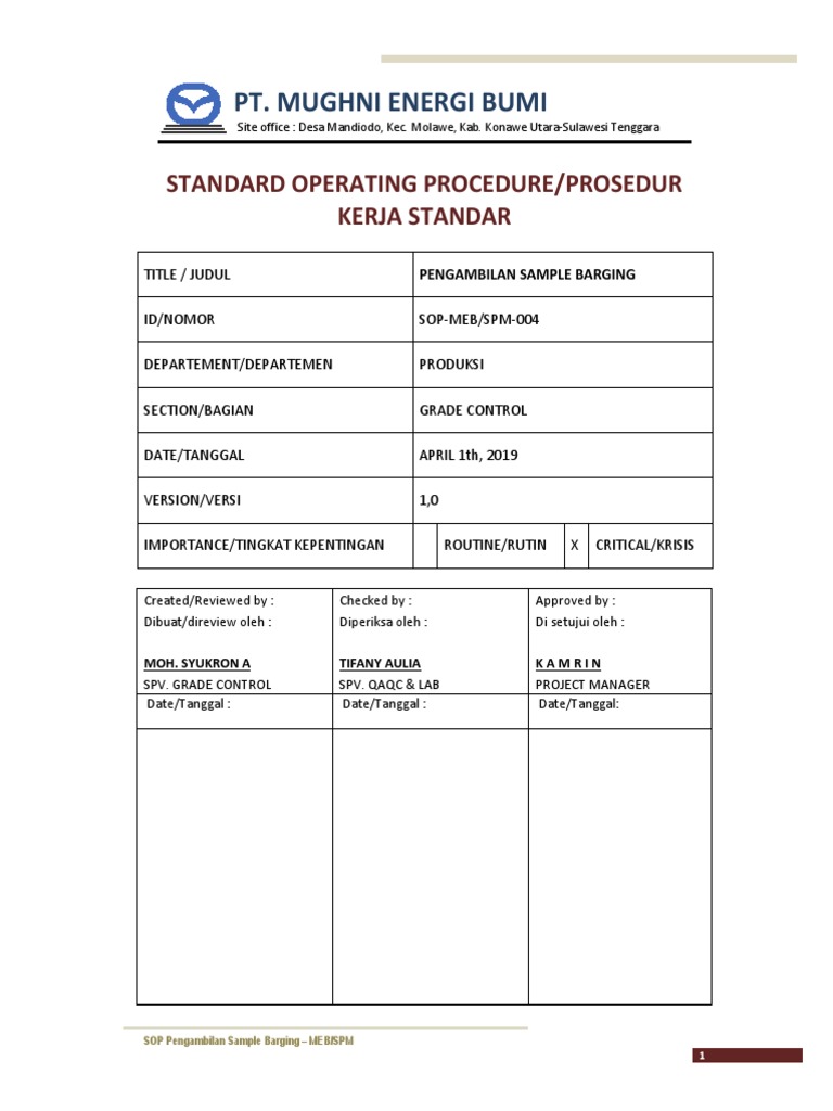 SOP-MEB SPM-004-Pengambilan Sample Barging | PDF