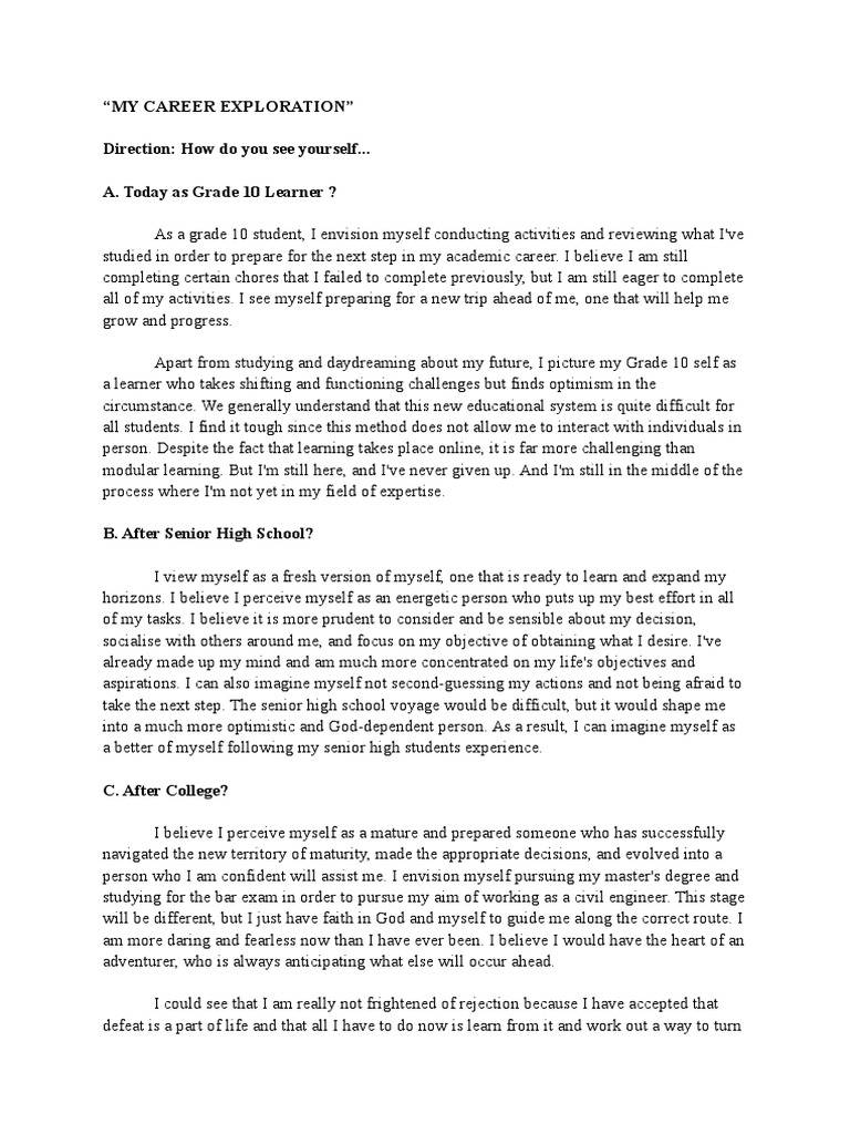 "My Career Exploration" Direction: How Do You See Yourself... A. Today ...
