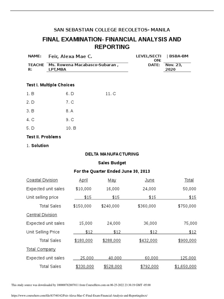 Feir Alexa Mae C. Final Exam Financial Analysis and Reporting | PDF ...