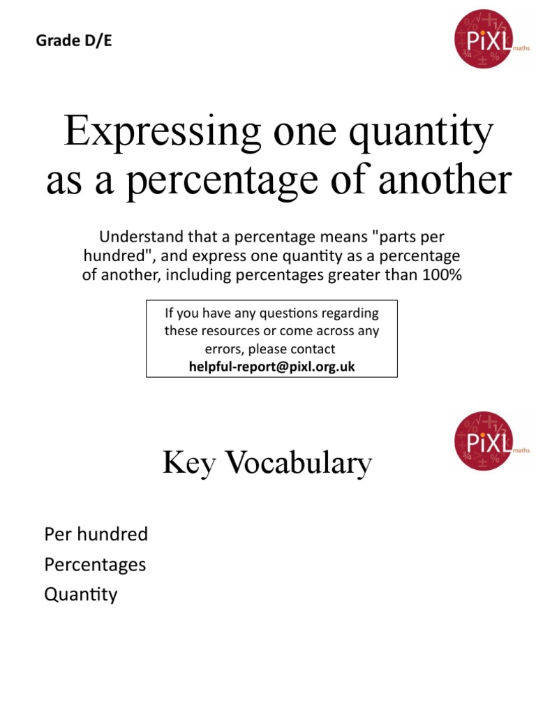 Expressing One Quantity As A Percentage of Another: Grade D/E | PDF ...