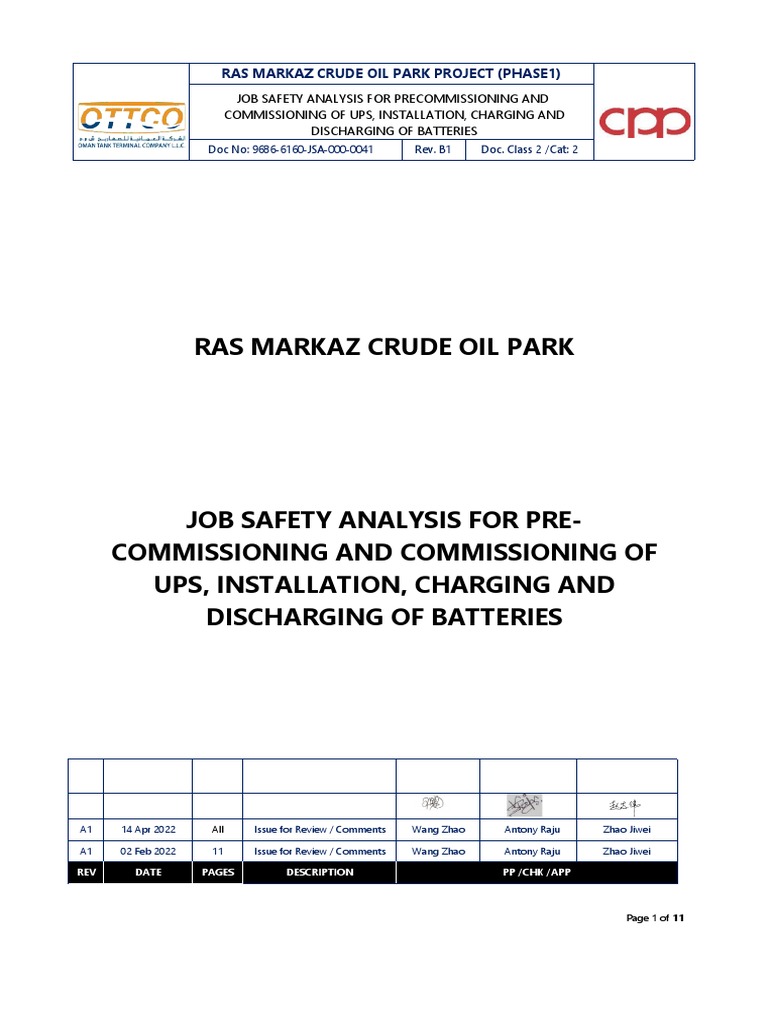 9686-6160-JSA-000-0041 - B1 JSA For UPS & Batteries Pre-Com & Commissioning | PDF | Safety