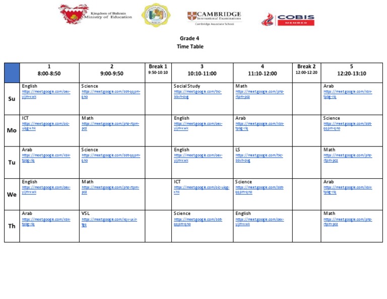 Grade 4 Time Table Online Classes | PDF
