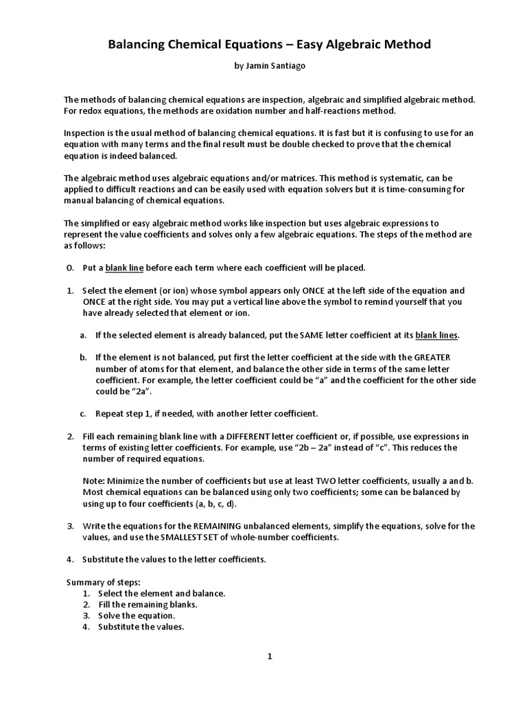 Balancing Chemical Equations Easy Algebraic Method | PDF | Redox ...
