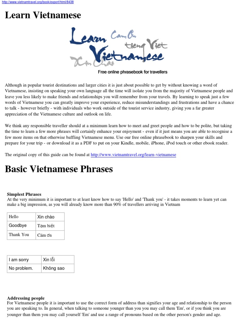 Learn Vietnamese - Free Phrase Book | PDF | Tone (Linguistics) | Vietnam