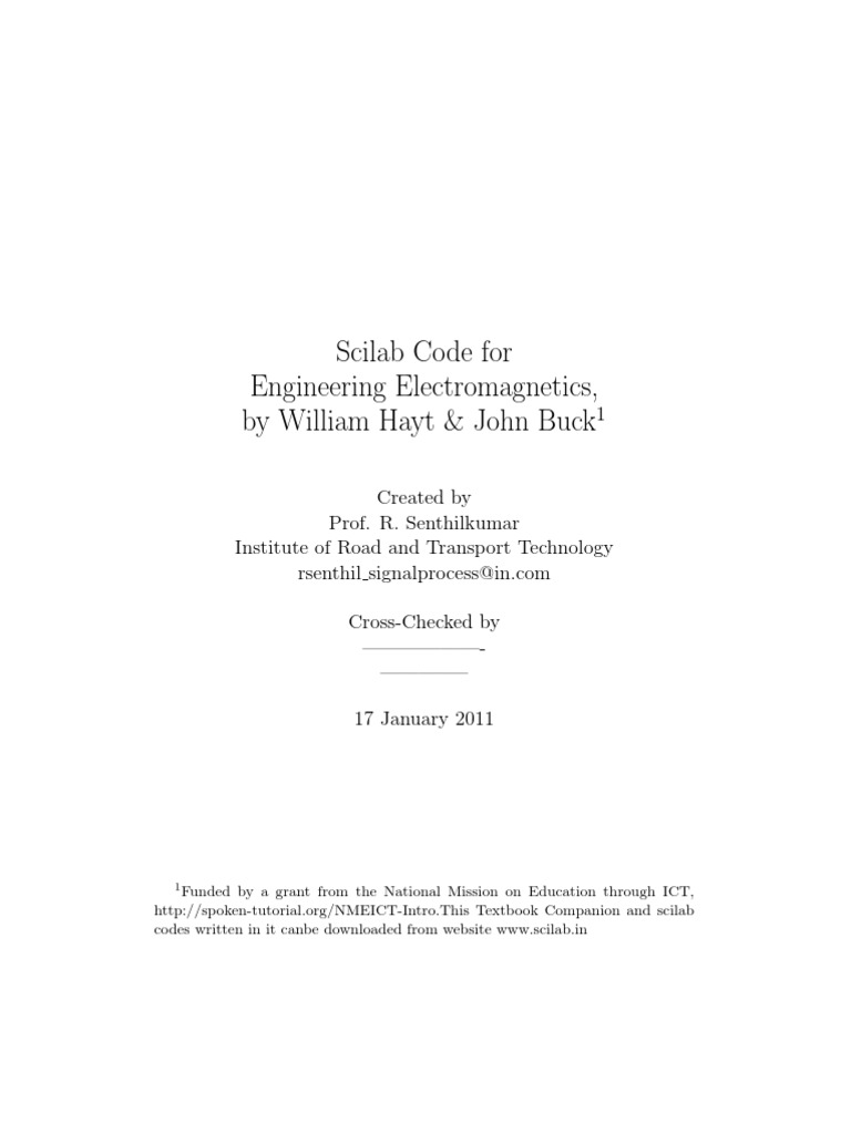 Scilab Code For Engineering Electromagnetics, by William Hayt & John ...
