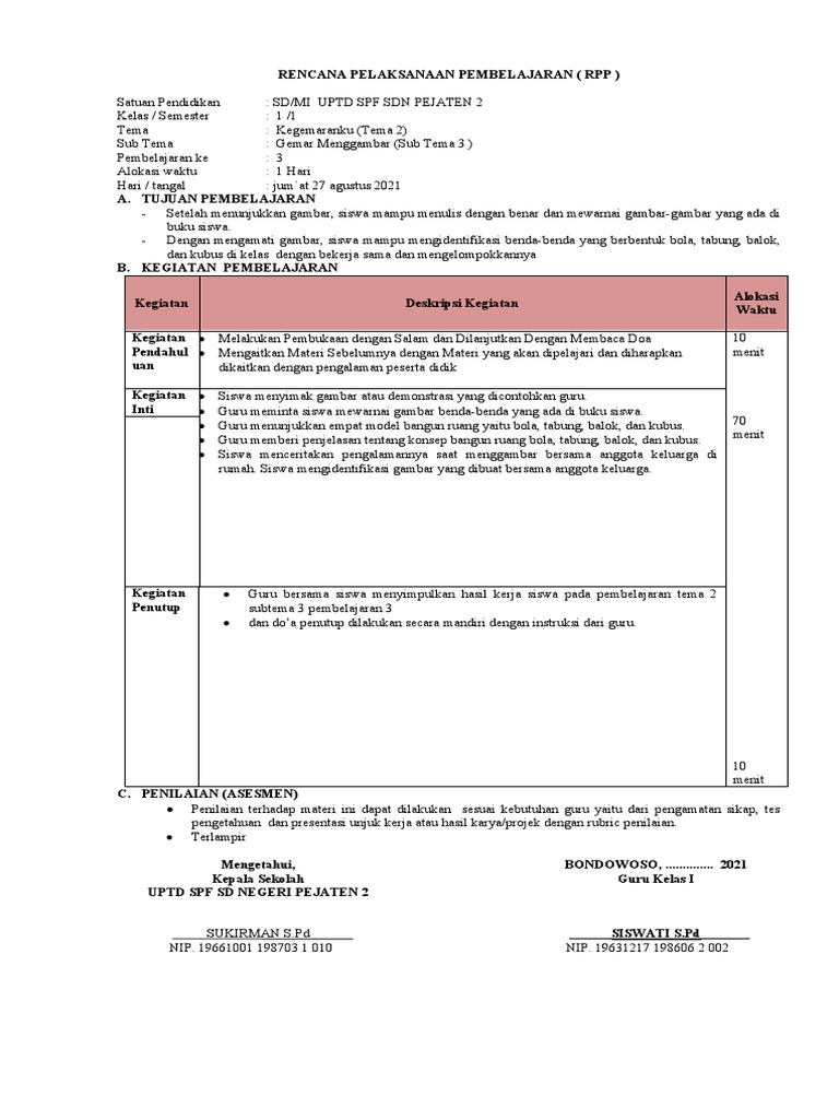 RPP DARING KELAS 1 Dan 2 | PDF