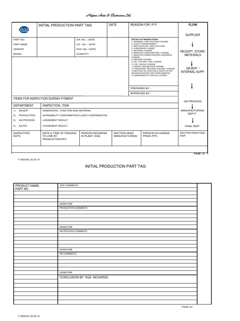 Napino Auto & Electronics LTD.: Initial Production Part Tag | PDF ...