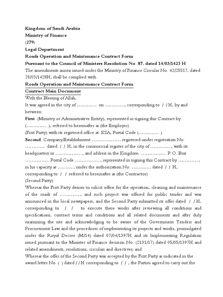 Roads Operation and Maintenance Contract Form | PDF | Employment | Road