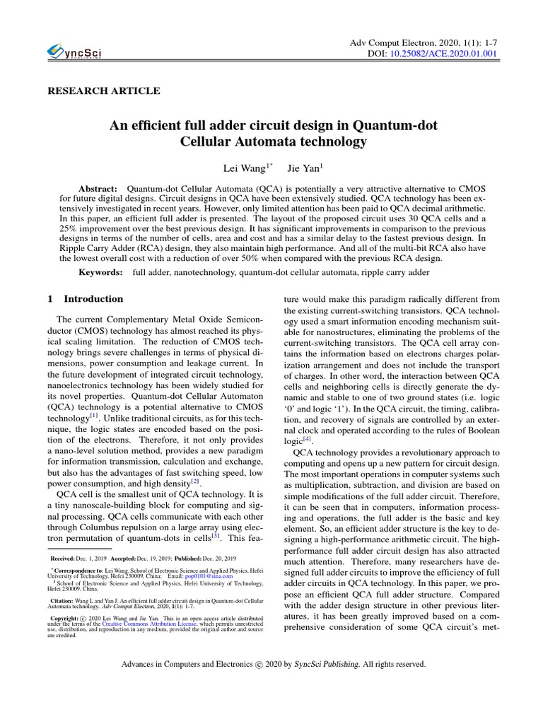 An Efficient Full Adder Circuit Design in Quantum-Dot Cellular Automata Technology | PDF | Logic ...