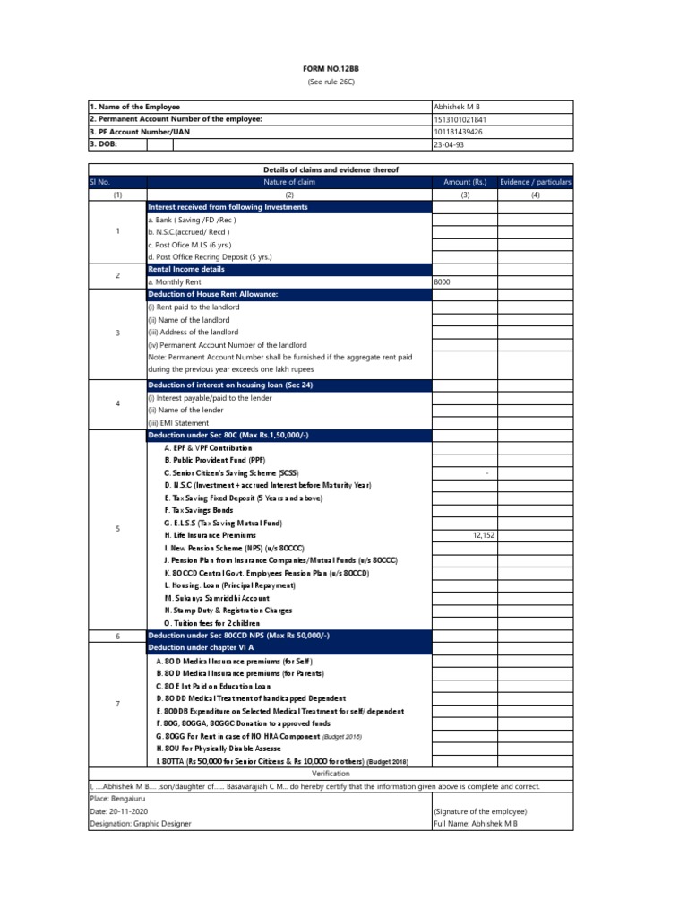 Form No.12bb | PDF | Taxes | Personal Finance