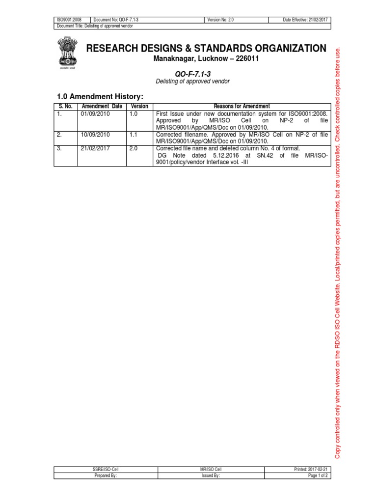 QO-F-7.1-3 Ver-2.0 Delisting of Approved Vendor | PDF | Iso 9000 ...