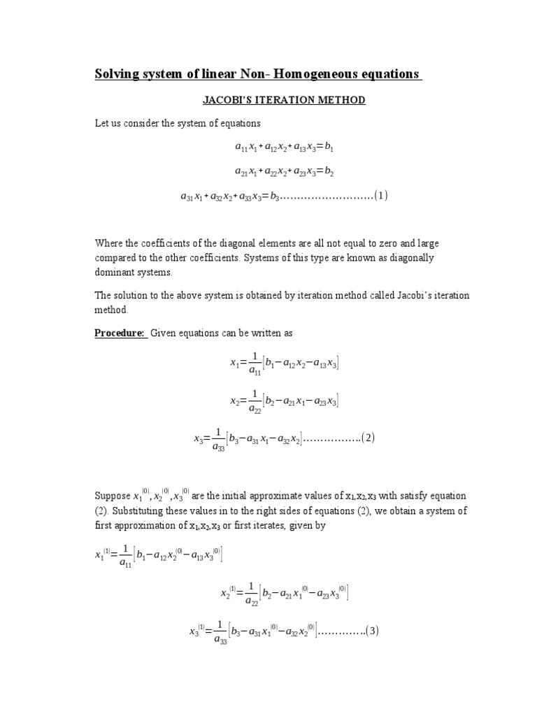 Solving System of Linear Non-Homogeneous Equations: Jacobi'S Iteration Method | PDF | Equations ...