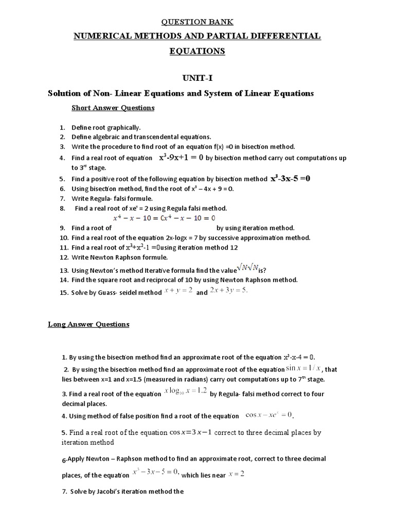 Numerical Methods and PDE Question Bank | PDF | Equations | Applied ...