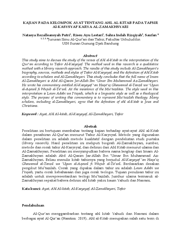 Kajian Kelompok Ayat Tentang Ahli Kitab Dalam Tafsir Al-Kasysyaf Karya ... Kajian Kelompok Ayat Tentang Ahli Kitab Dalam Tafsir Al-Kasysyaf Karya ...