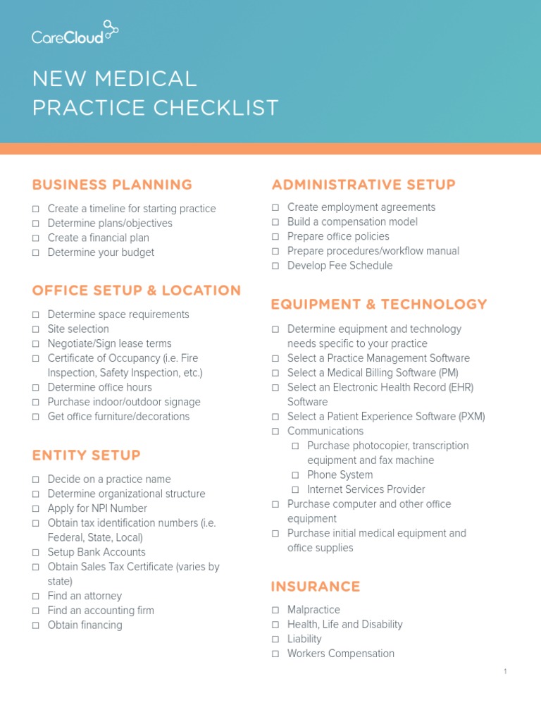 New Medical Practice Checklist: Business Planning Administrative Setup ...