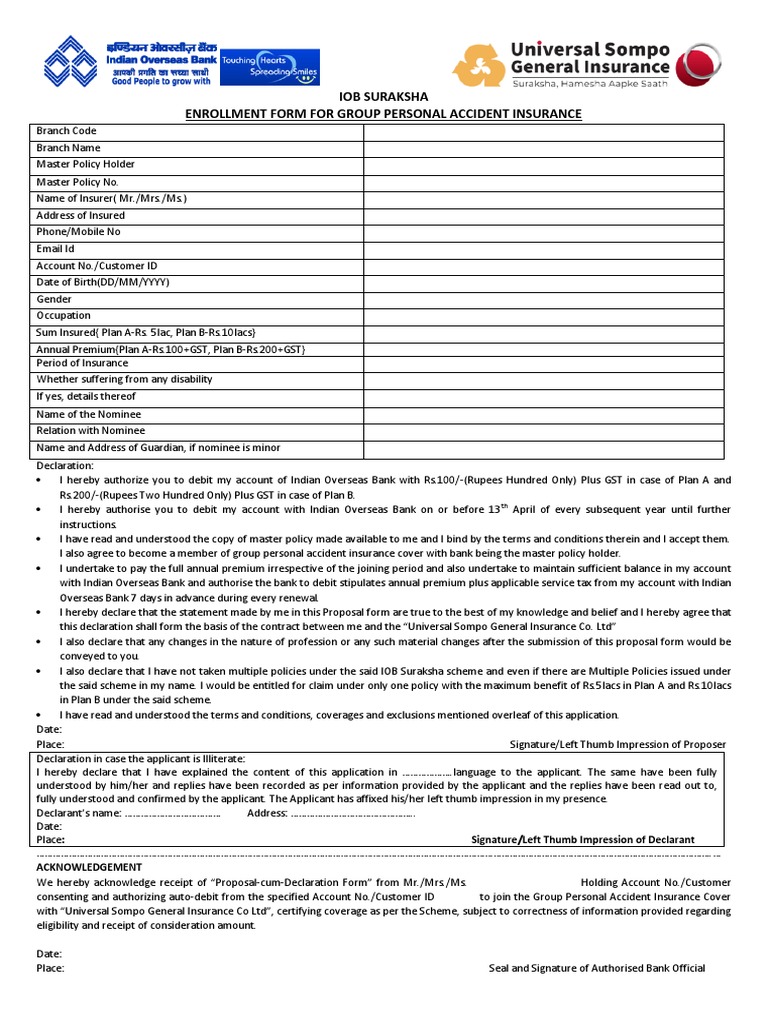 IOB Suraksha Proposal Form | PDF | Insurance | Debit Card