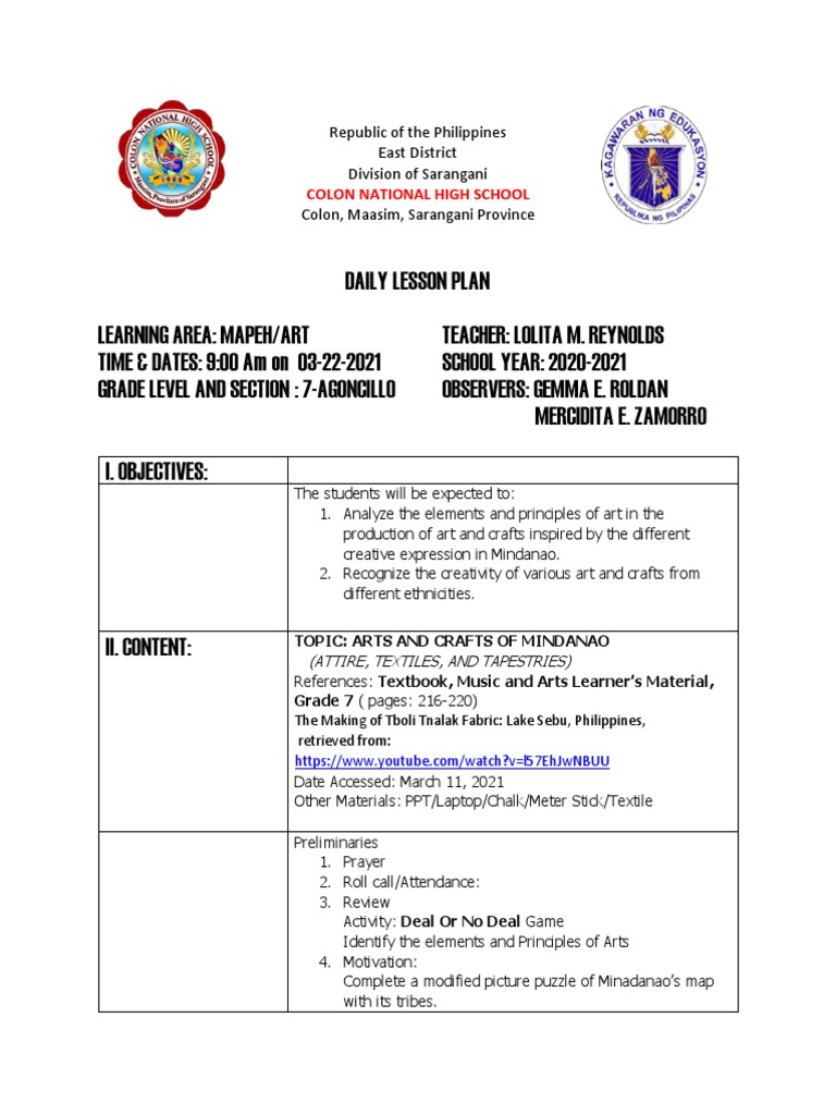 COT Art Grade 7 MAPEH ARTS AND CRAFTS OF MINDANAO | PDF | Textiles | Dyeing