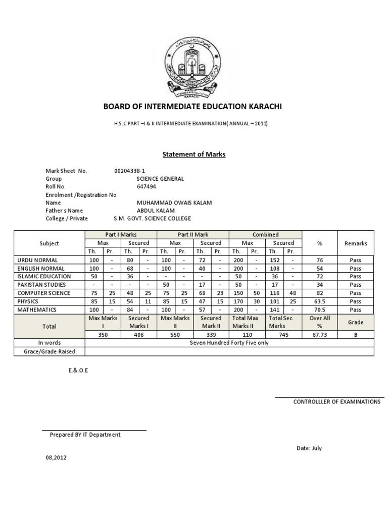 Board of Intermediate Education Karachi | PDF