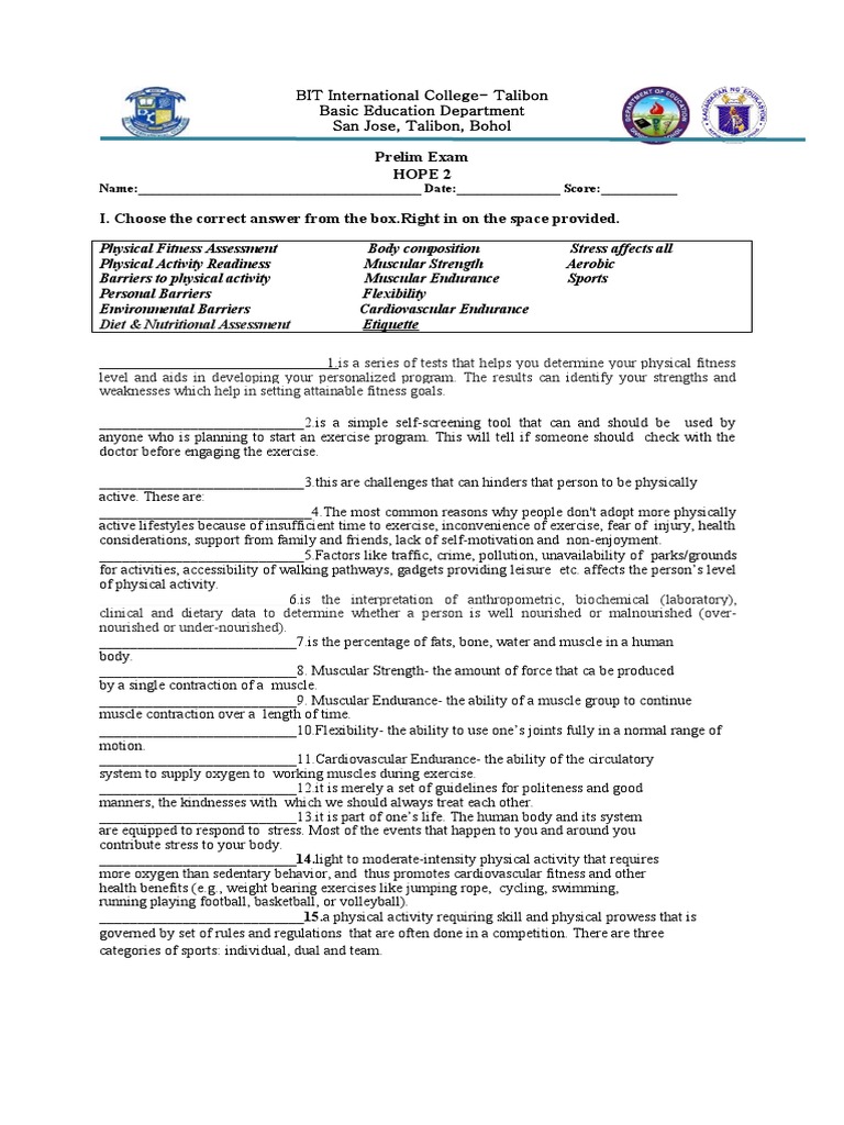 Prelim Exam Hope 2 I. Choose The Correct Answer From The Box - Right in ...