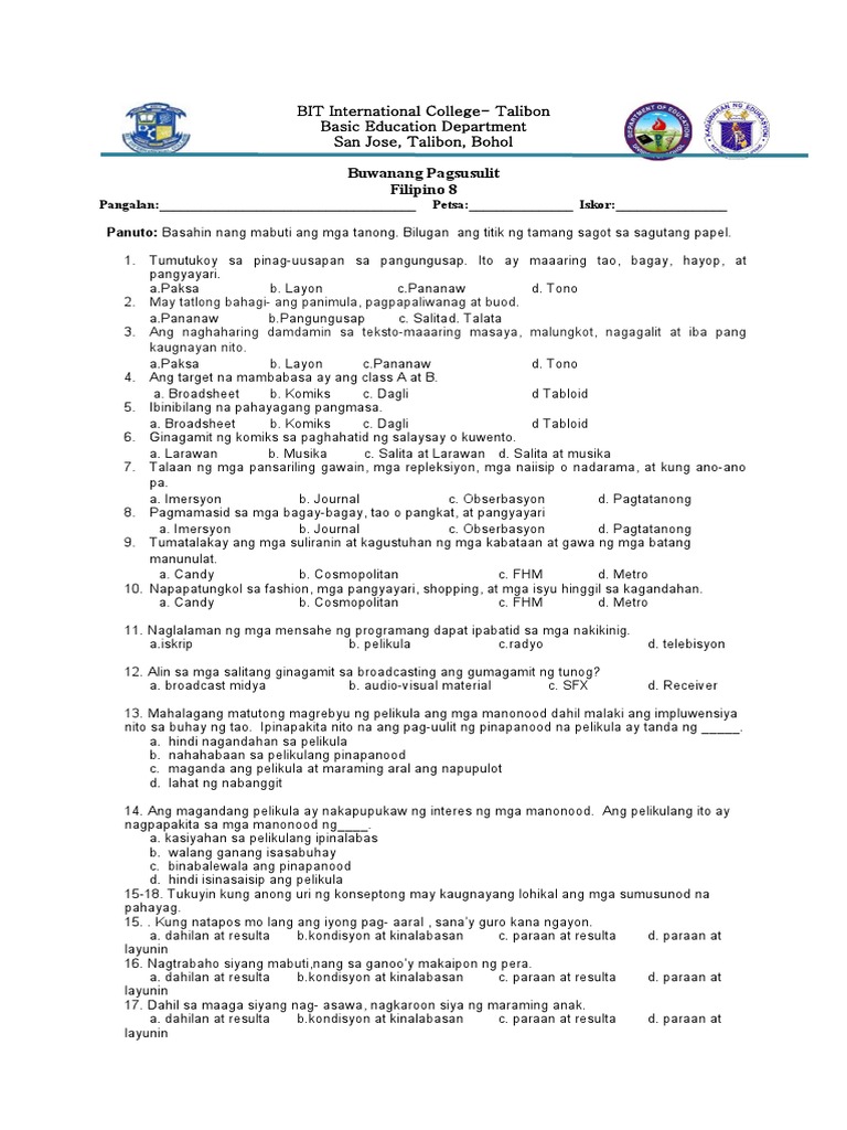 Exam Filipino 8 | PDF