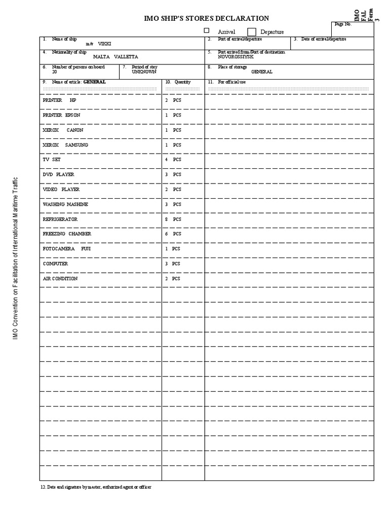 Imo Ship'S Stores Declaration: Arrival Departure | PDF | Personal ...