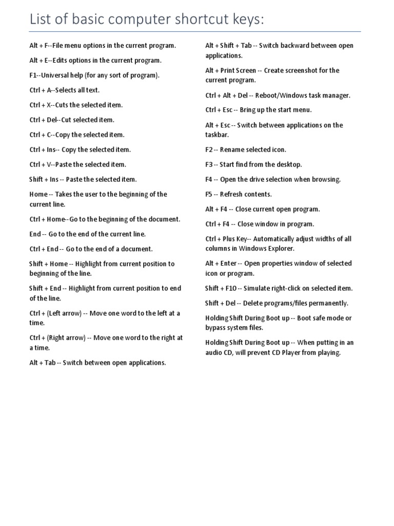 Essential Computer and Office Shortcut Keys: A Comprehensive List of Common Shortcuts for ...