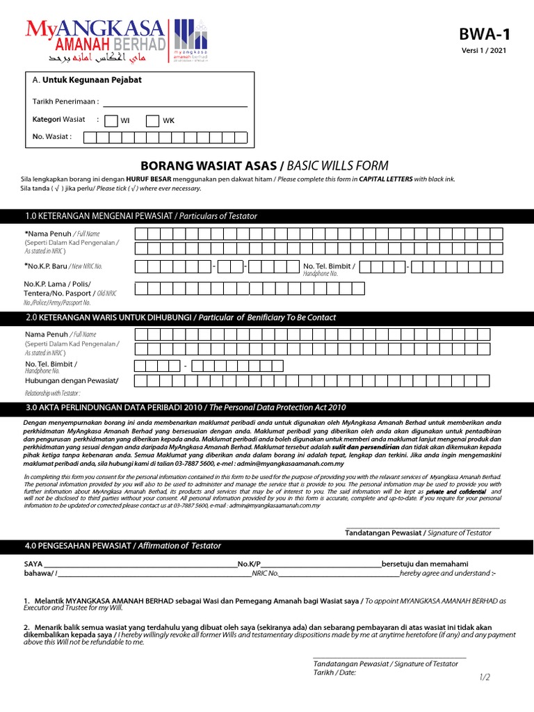 MyBorang Wasiat Asas (BWA-1) - BSN | PDF
