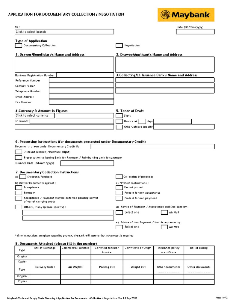 Application For Documentary Collection / Negotiation: Click To Select ...