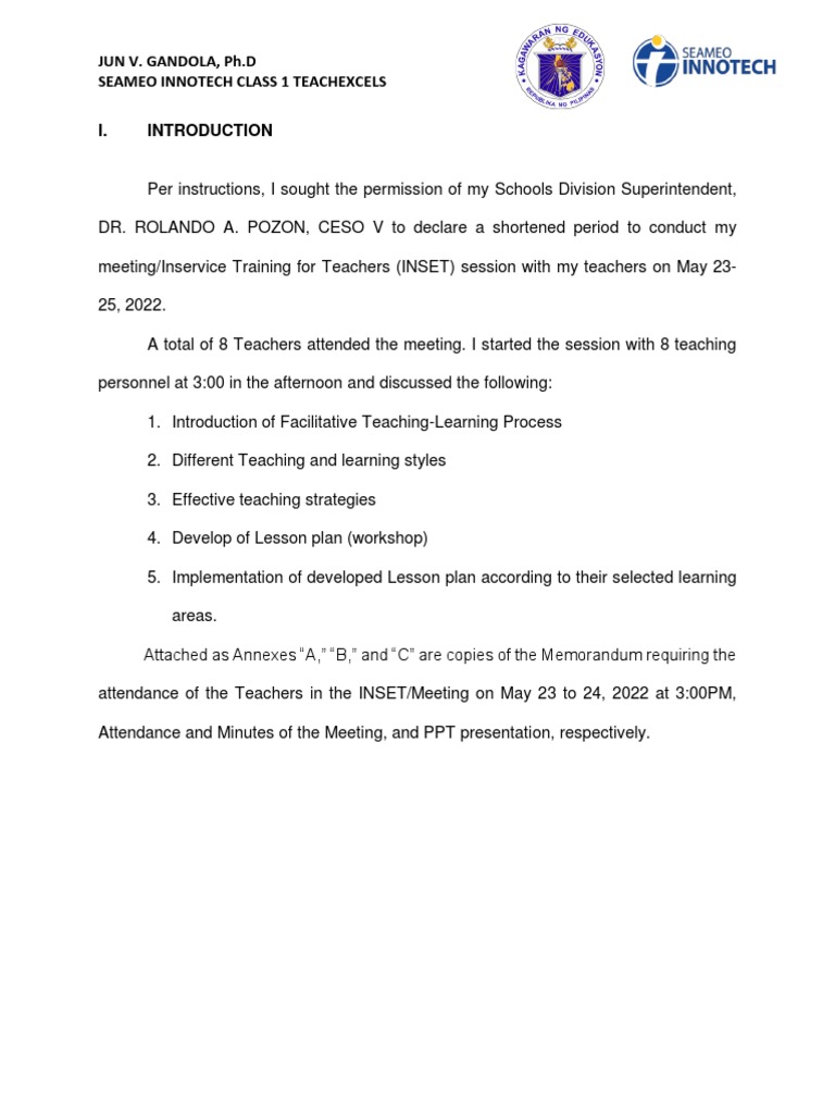 Report on the INSET Session and Implementation of Developed Lesson ...