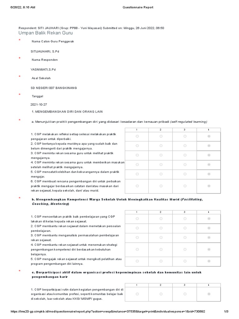 Umpan Balik Rekan Guru (Yasniwati) Pi2 CGP | PDF
