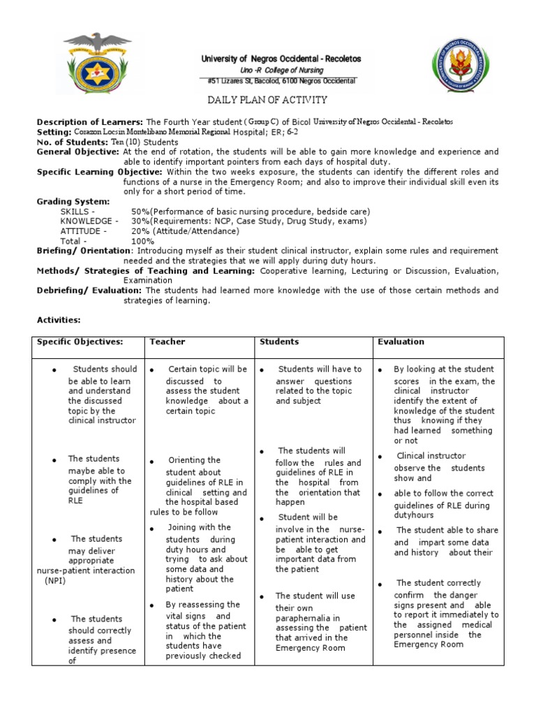 Daily Plan of Activity | Download Free PDF | Emergency Department ...