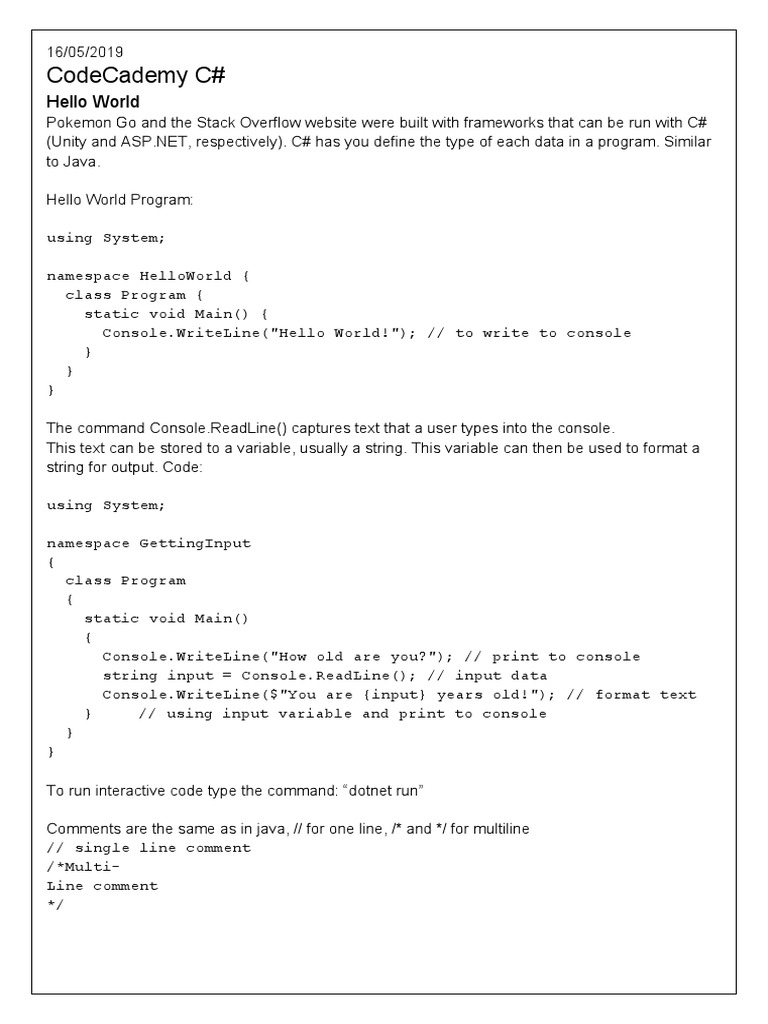 Codecademy C Pdf C Sharp Programming Language Boolean Data Type