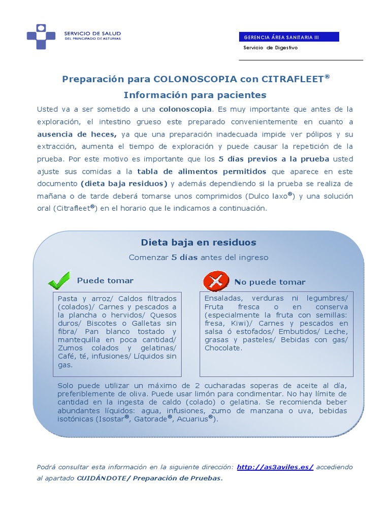 Preparacion para Colonoscopia Con CITRAFLEET | PDF | Carne | Alimentos