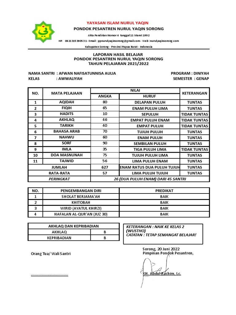Format Raport Diniyah Awaliyah | PDF